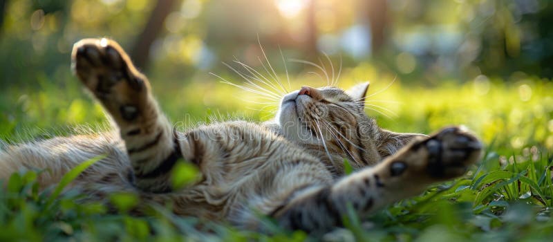 Playful Cat Laying on Back in Grass Stock Image - Image of nature ...