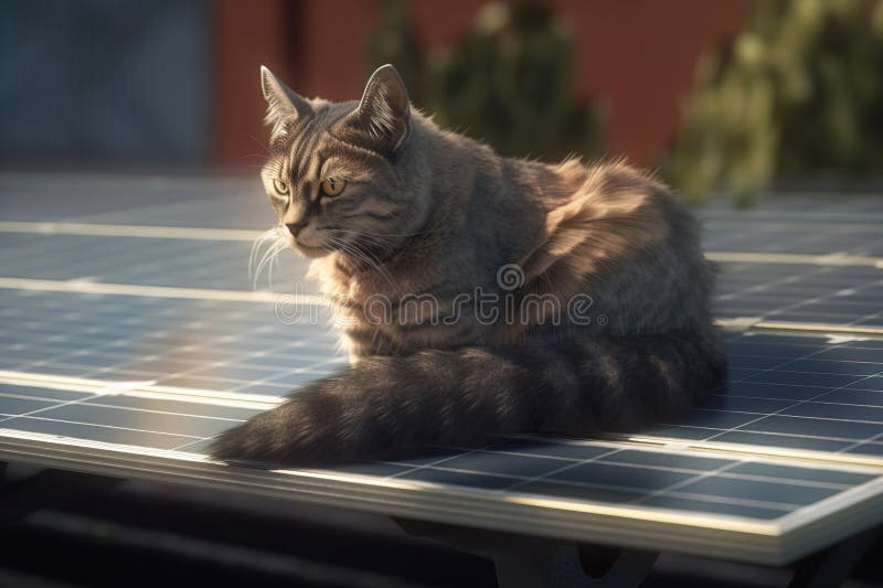 Cat Lies on Solar Panel, an Alternative Source. Clean Technologies of ...