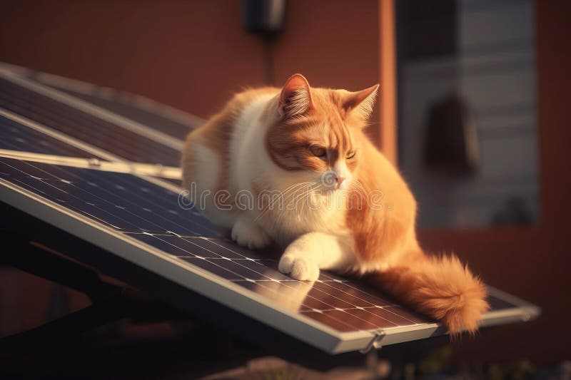 Cat Lies on Solar Panel, an Alternative Source. Clean Technologies of ...
