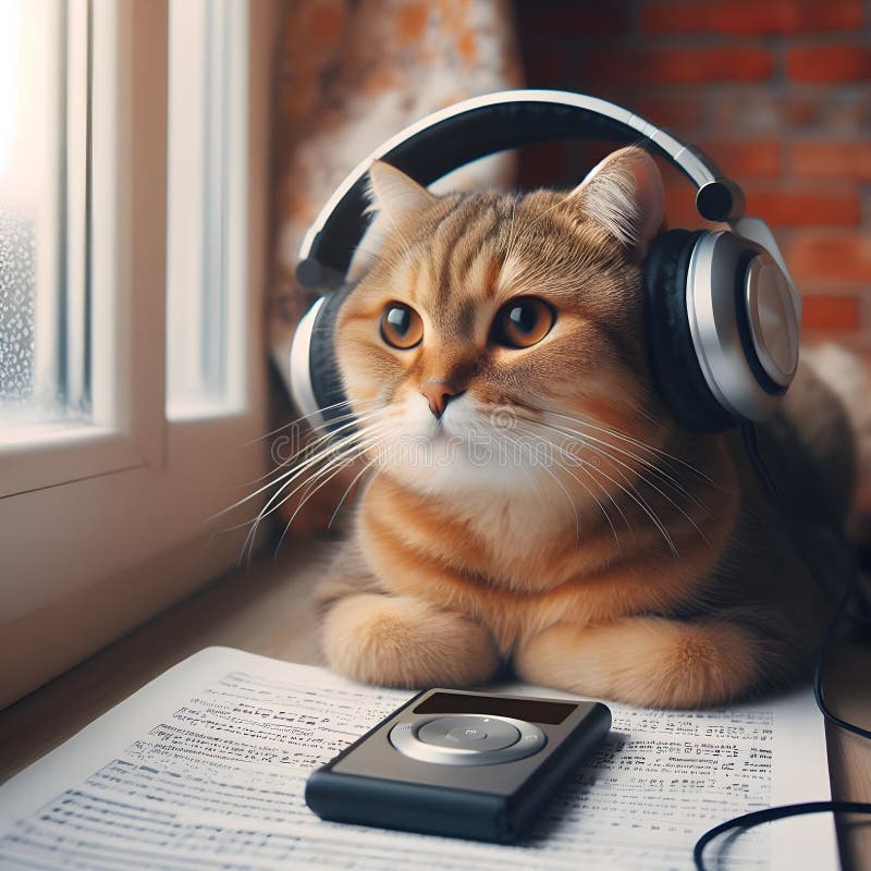 A Cat is Listening Using Headphones and Using a P3 Player. Stock ...