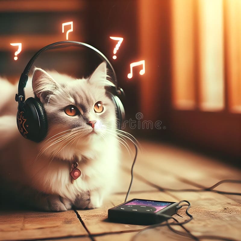A Cat is Listening Using Headphones and Using a P3 Player. Stock ...
