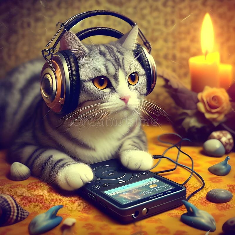 A Cat is Listening Using Headphones and Using a P3 Player. Stock ...