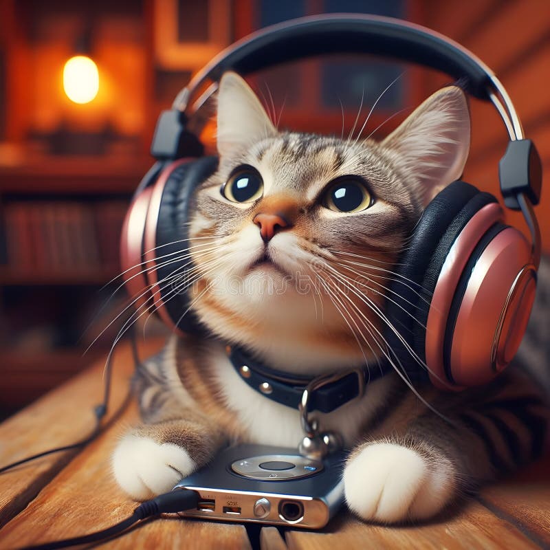 A Cat is Listening Using Headphones and Using a P3 Player. Stock ...