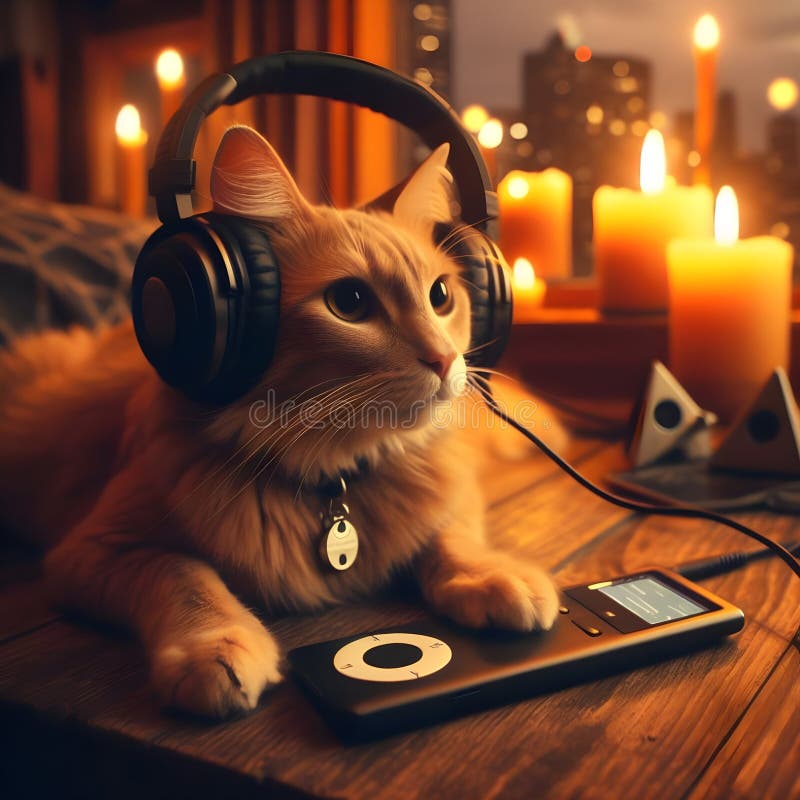 A Cat is Listening Using Headphones and Using a P3 Player. Stock Photo ...