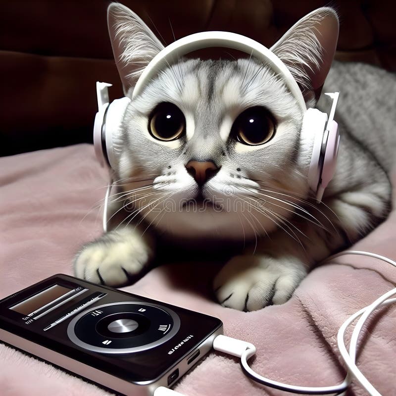 A Cat is Listening Using Headphones and Using a P3 Player. Stock ...