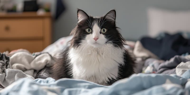 Cat with Long Black and White Fur Sitting on a Messy Bed Stock ...