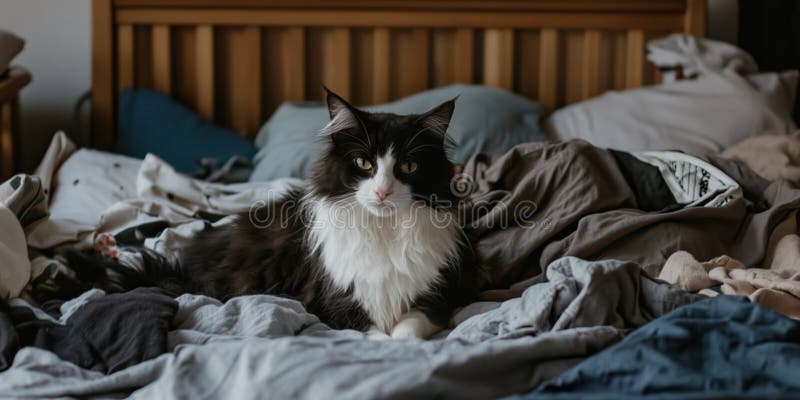 Cat with Long Black and White Fur Sitting on a Messy Bed Stock ...