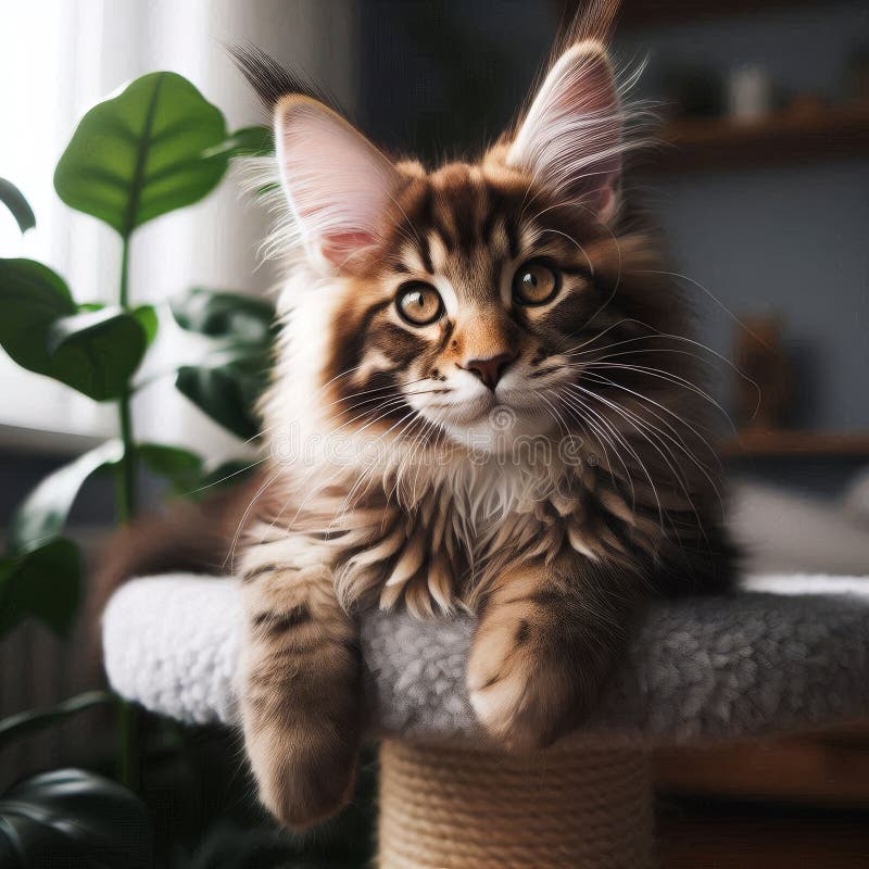Cat with Long Fur is Sitting on a Scratching Post Stock Photo - Image ...