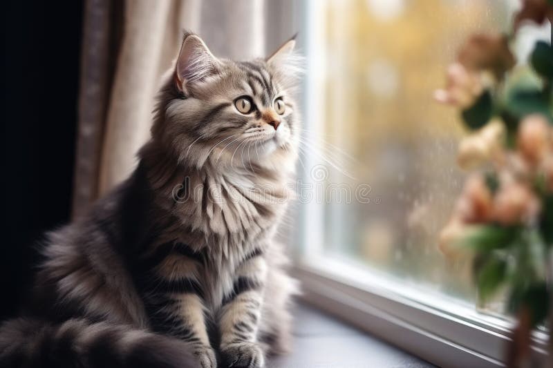 Cat Look Out of Window in Autumn AI Generated Stock Image - Image of ...