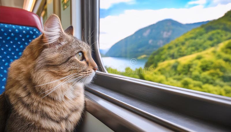 Cat Look Out from the Window of the Train Stock Illustration ...