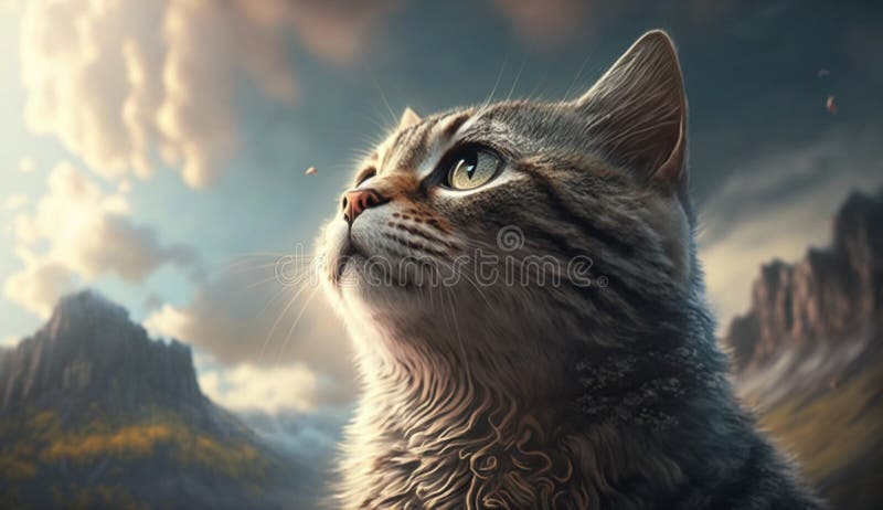 Cat Look at the Sky on the Fantasy World Stock Illustration ...