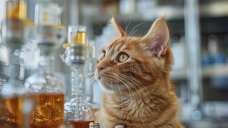 A Cat is Looking at a Bottle of Alcohol Stock Photo - Image of table ...