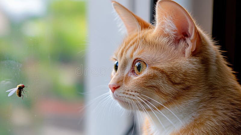 A Cat Looking at a Bug Flying by the Window, AI Stock Photo - Image of ...