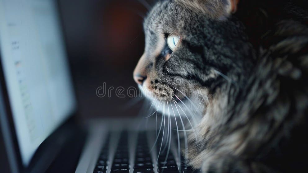 A Cat is Looking at a Computer Screen Stock Photo - Image of working ...