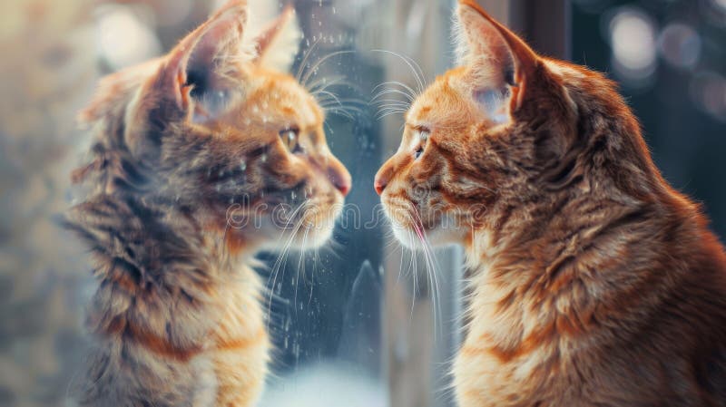 A Cat Looking at Itself in a Mirror with Another Reflection, AI Stock ...