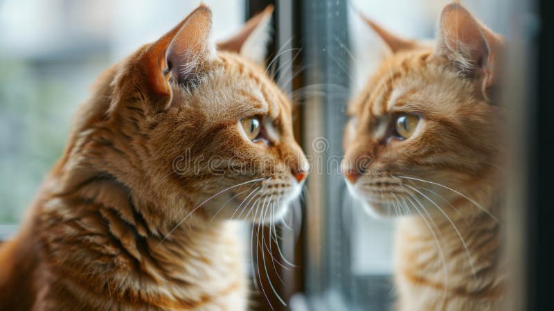 A Cat Looking at Itself in a Mirror with Its Reflection, AI Stock Image ...