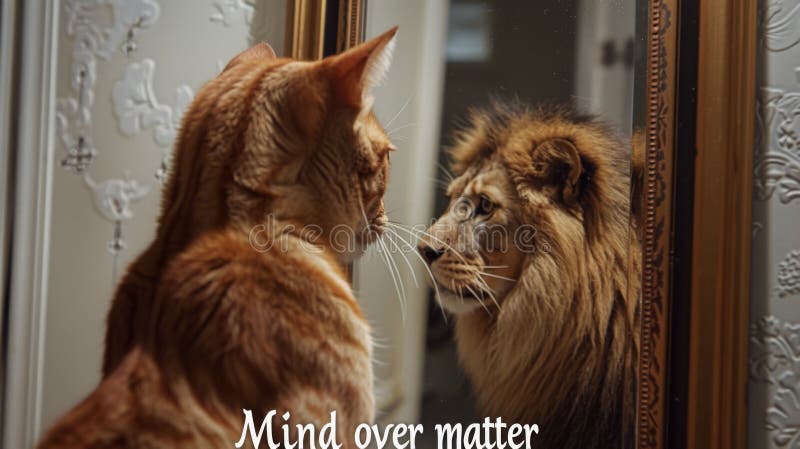 A Cat Looking at a Lion in the Mirror, AI Stock Image - Image of ...