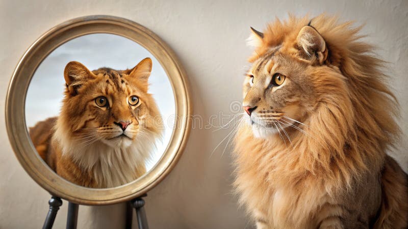 Cat Looking at the Mirror and Seeing the Reflection of a Lion ...