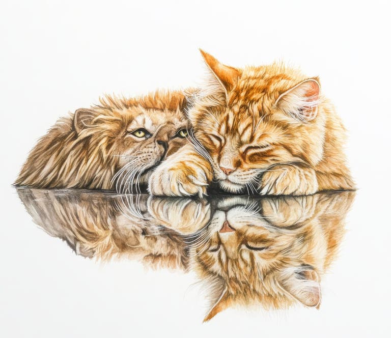 The Cat is Looking into the Mirror and Sees a Reflection of a Lion in ...