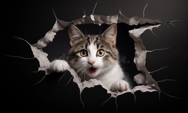 Cat Looking Out from Crack in a Wall, Black Background Stock ...