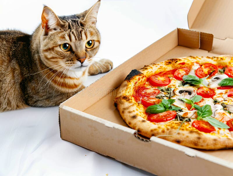 A Cat Looking at a Pizza in a Box Stock Image - Image of medium, tomato ...