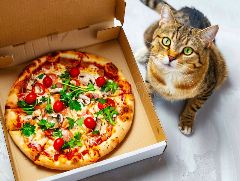 Cat Looking at Pizza in a Box Stock Photo - Image of cats, parsley ...