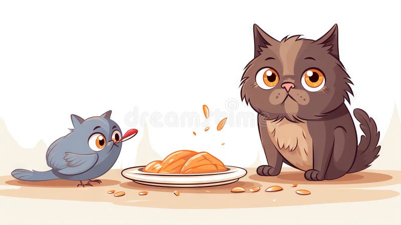 A Cat Looking at a Plate of Food Next To a Bird Stock Illustration ...
