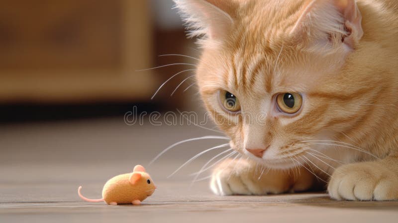 A Cat Looking at a Small Toy Mouse on the Floor, AI Stock Photo - Image ...