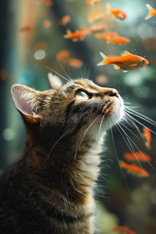 A Cat Looking Up at a Fish in an Aquarium Stock Image - Image of black ...