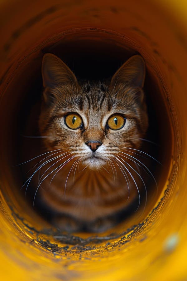 A Cat Looking Up from Inside a Yellow Tube with Eyes Open, AI Stock ...