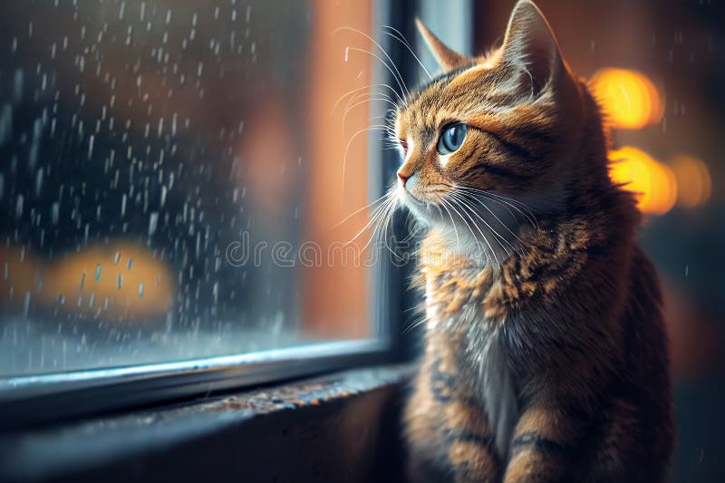 A Cat Looking through the Window in a Rainy Evening, Generative Ai ...