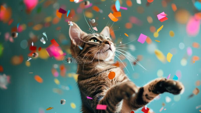 The Cat Looks at the Falling Confetti Stock Illustration - Illustration ...