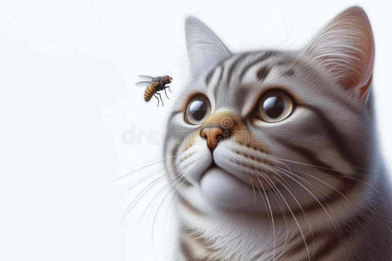The Cat Looks at the Fly with Curiosity. Space for Text. Stock Photo ...