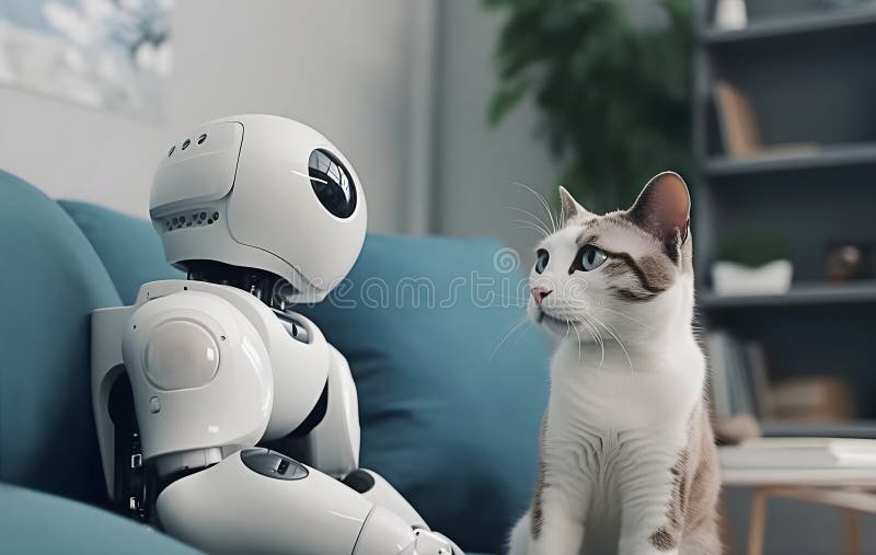 Cat Looks with Interest White Robot Located on Couch at Home Stock ...