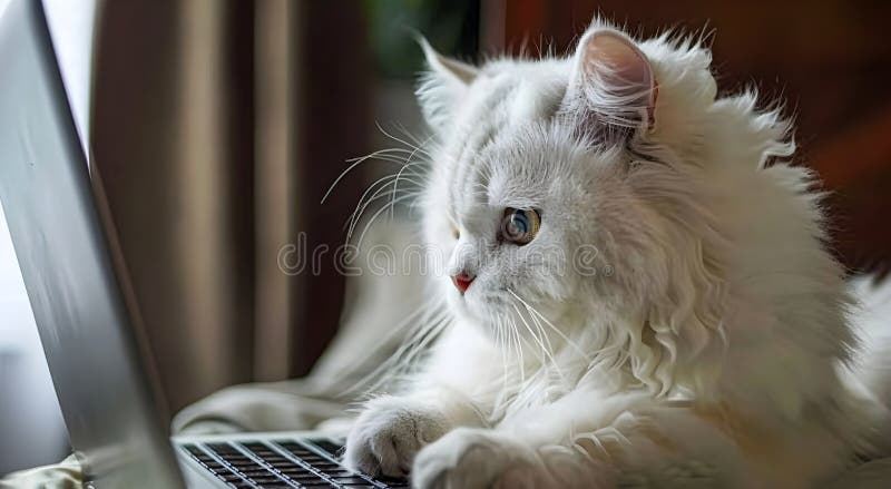 Cat looks at the laptop stock photo. Image of interested - 336974084