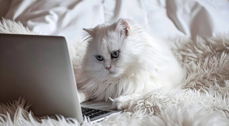 Cat looks at the laptop stock photo. Image of desk, message - 336974102