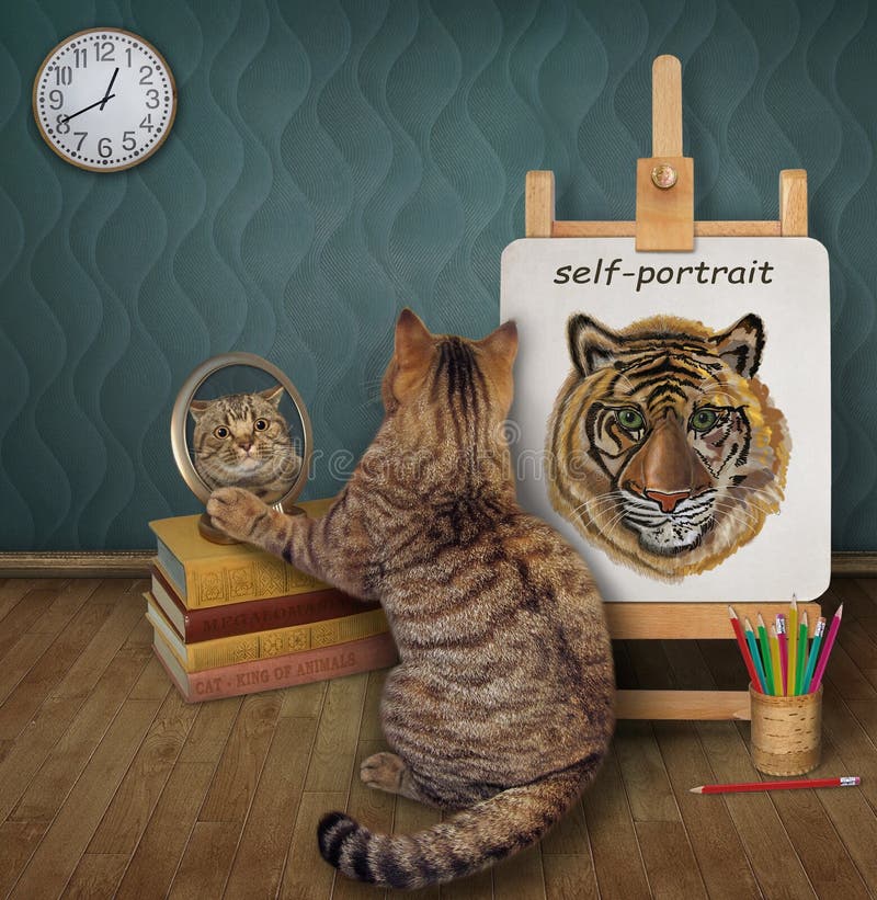 Cat Looks in Mirror Near Its Self-portrait Stock Image - Image of ...