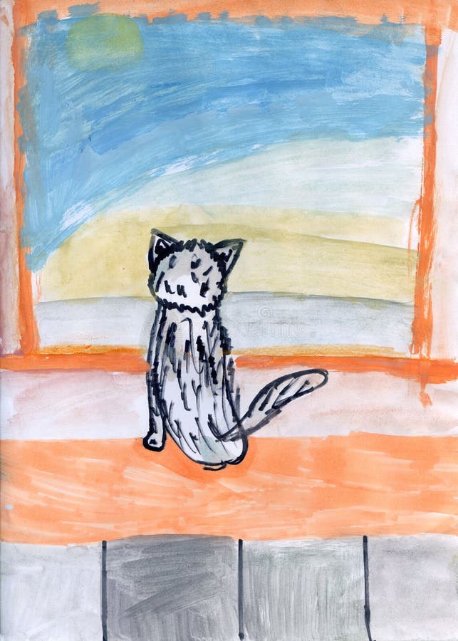 The Cat Looks Out the Window. Drawing with Watercolors Stock ...