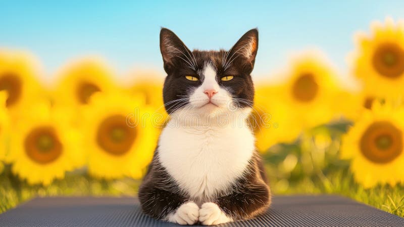 Cat in Lotus Yoga Pose on a Mat Surrounded by Sunflowers Concept Stock ...