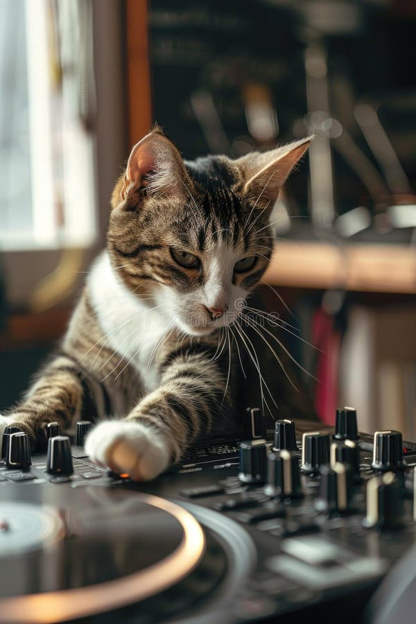 A Cat is Lounging on the Surface of a Turntable, Surrounded by Musical ...