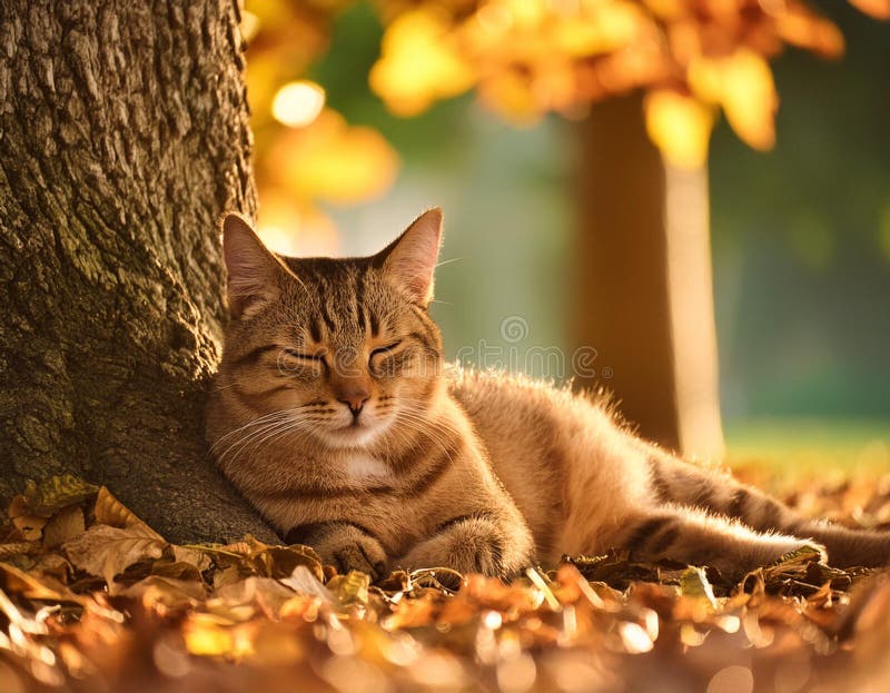 A Cat Lying Down Under a Tree Stock Illustration - Illustration of ...