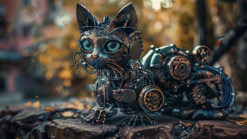 A Cat Made of Metal and Gears Sitting on a Rock, AI Stock Photo - Image ...
