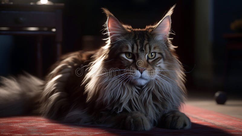 Maine Coon Cat with Huge Polydactyl Paws Lying on Isolated Black ...
