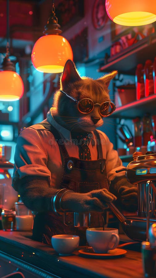 Cat Man Barista, Portrait of a Cat-man Barista. Stock Illustration ...
