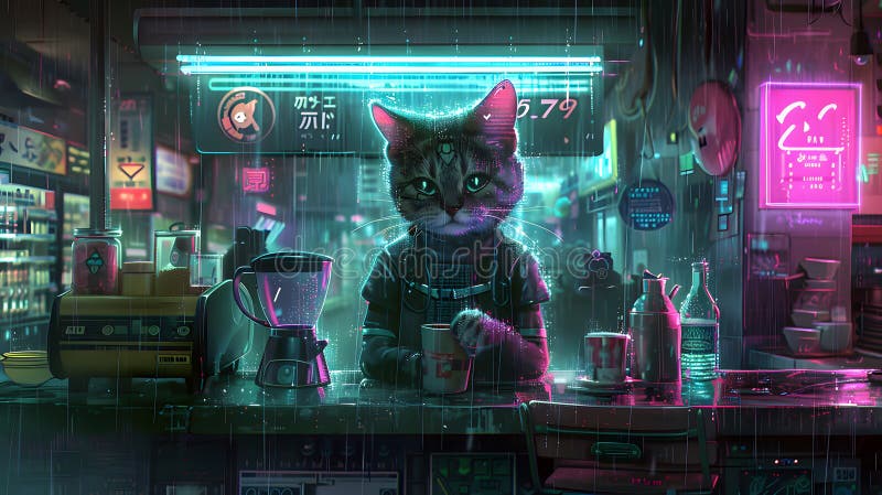 Cat Man Barista, Portrait of a Cat-man Barista Stock Illustration ...