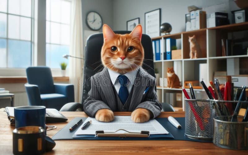Cat Manager in a Suit Sitting in the Office Stock Illustration ...
