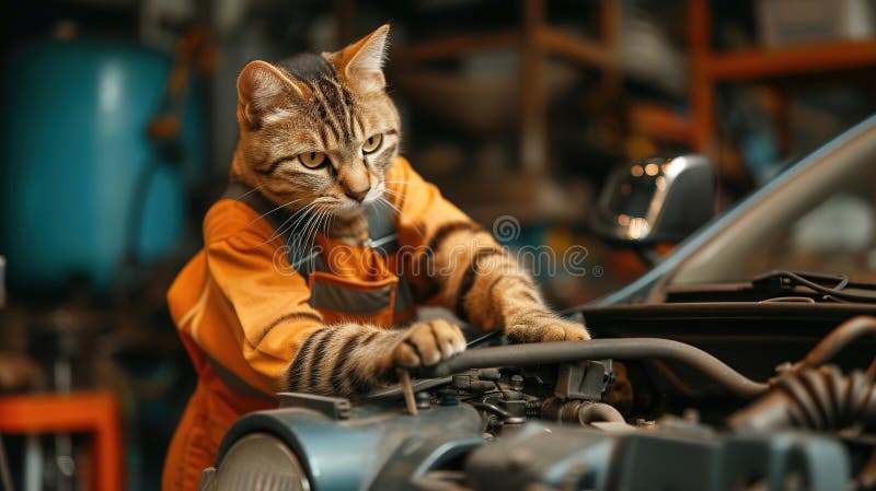 A Cat Mechanic Repairs a Car in a Car Service Station Using Tools Stock ...