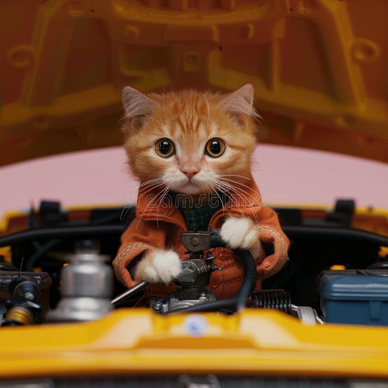 Cat Mechanic Under a Toy Car Hood Stock Photo - Image of parts, feline ...