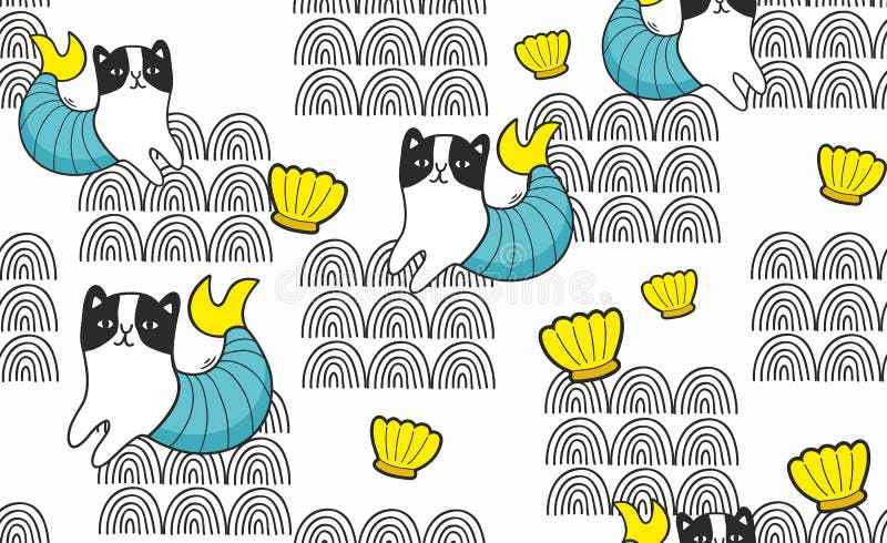 Cat Mermaid in Abstract Waves with Shell Seamless Pattern. Stock Vector ...