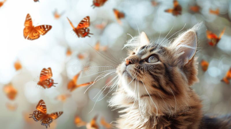 Cat Mesmerized by Butterflies in a Garden, Dreamy Scenery Stock Image ...
